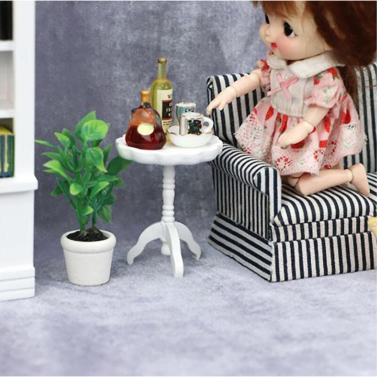 Miniature Dollhouse End Table 1:12 Scale Wooden Furniture Round Side Tea Table Model for Dollhouse Living Room Scene Decoration Gift (White)