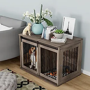 Clevich Large Dog Crate Furniture w/Sliding Barn Door, Wooden Indoor Dog Kennel w/Flip-top, 39.4'' Heavy Duty Modern Puppy Dog Cage End Table w/Detachable Divider for Small/Medium Pets (Oak Grey)