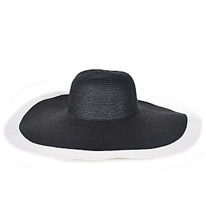 HISSHE Noble Straw Wide Brim Hat Floppy Beach Sunhat with White Brim (Black with White)