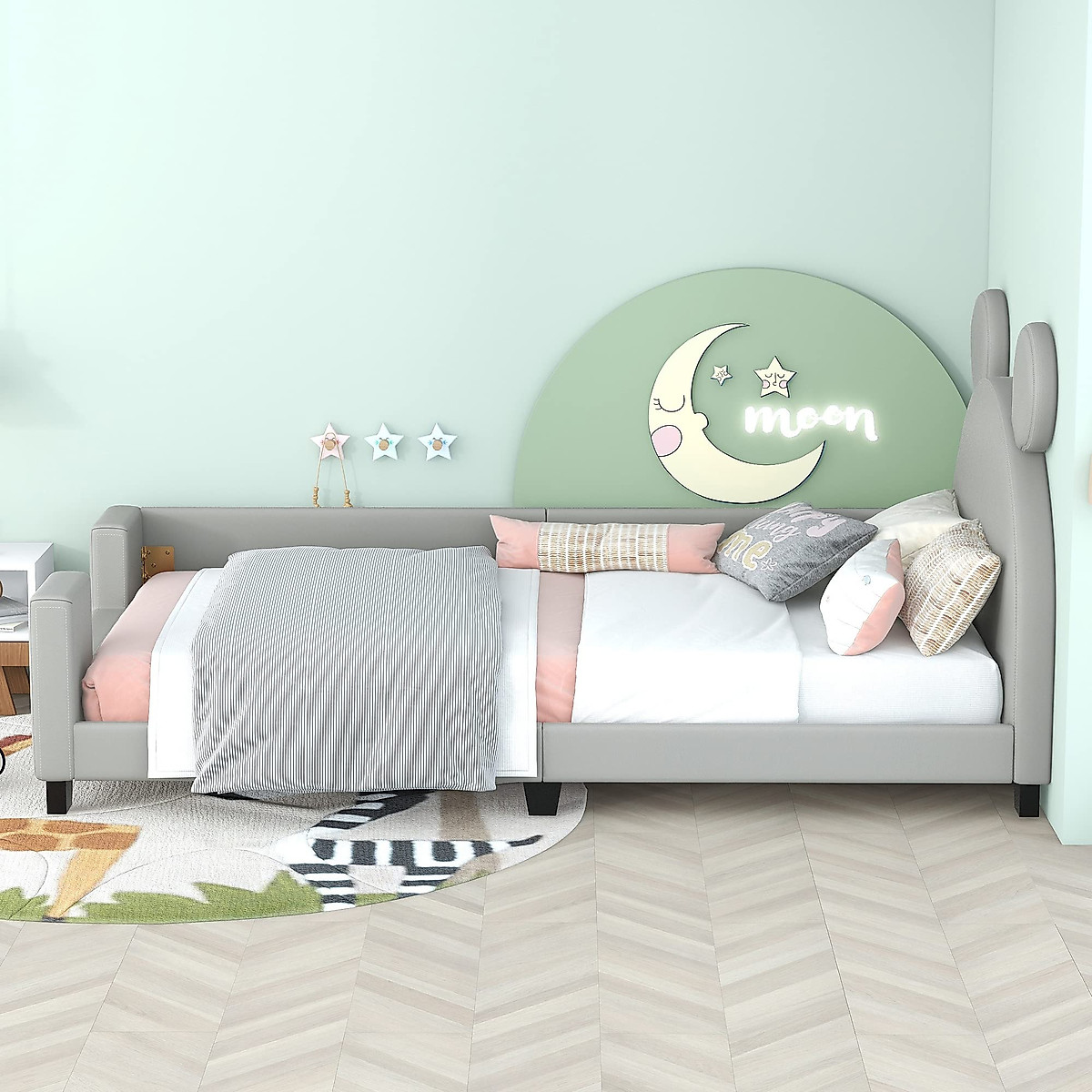 Merax Cute Kids Wood Twin Day Bed with Mouse Ears Headboard, Low Platform Bed Frame for Boys,Girls, No Box Spring Need (Twin, Grey)