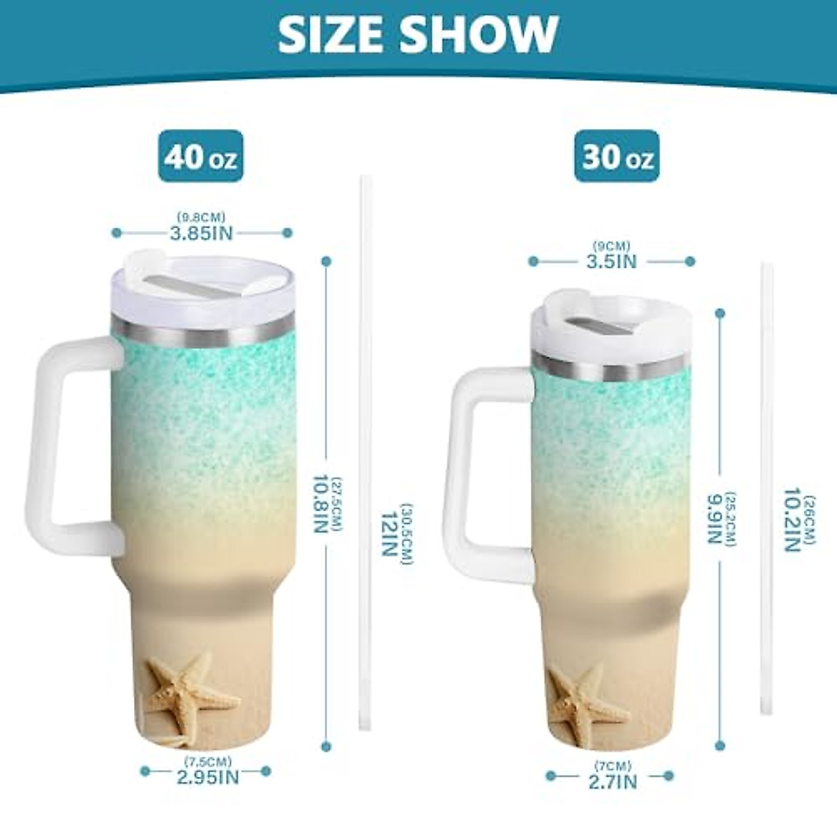 40 Oz Fall Insulated Tumbler with Straw and Handle, Beach Starfish Leak Proof Tumbler