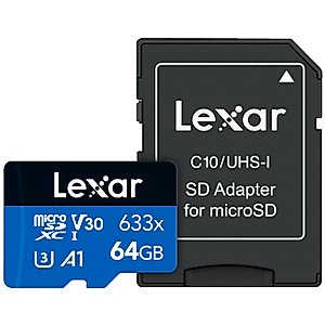 Lexar High-Performance 633x 64GB microSDXC UHS-I Card w/ SD Adapter, C10, U3, V30, A1, Full-HD & 4K Video, Up To 100MB/s Read, for Smartphones, Tablets, and Action Cameras (LSDMI64GBBNL633A)