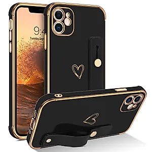 BENTOBEN for iPhone 12 Mini Case, Cute Heart Adjustable Strap Wristband Kickstand Holder Shockproof Protective Soft TPU Luxury Plating Raised Trim Girls Women Phone Case for iPhone 12 Mini, Black