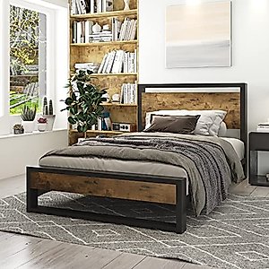 IMUsee Twin Bed Frame with Wood Headboard, Rustic Farmhouse Twin Platform Bed Frame for Kids with Heavy Duty Strong Metal Slats Support, Modern Bed Framework, No Box Spring Needed, Easy Assembly