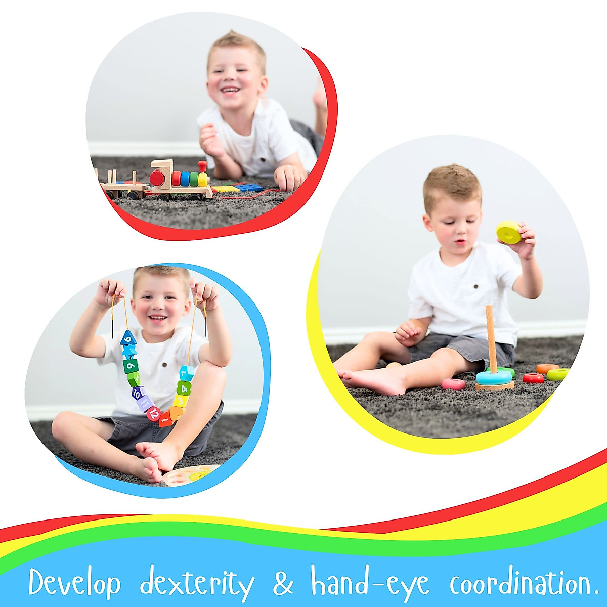 LMC Products Variety Pack of 6 Wooden Toys - Toys for Toddlers 3 Year Old & Up, Stacking & Lacing Toys, Fine Motor Skills Toys, Bead Maze, Educational Shape Puzzle