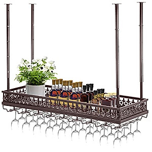 VEVOR Ceiling Wine Glass Rack, 35.8 x 13 inch Hanging Wine Glass Rack, 18.9-35.8 inch Height Adjustable Hanging Wine Rack Cabinet, Coppery Wall-Mounted Wine Glass Rack Perfect for Bar Cafe Kitchen