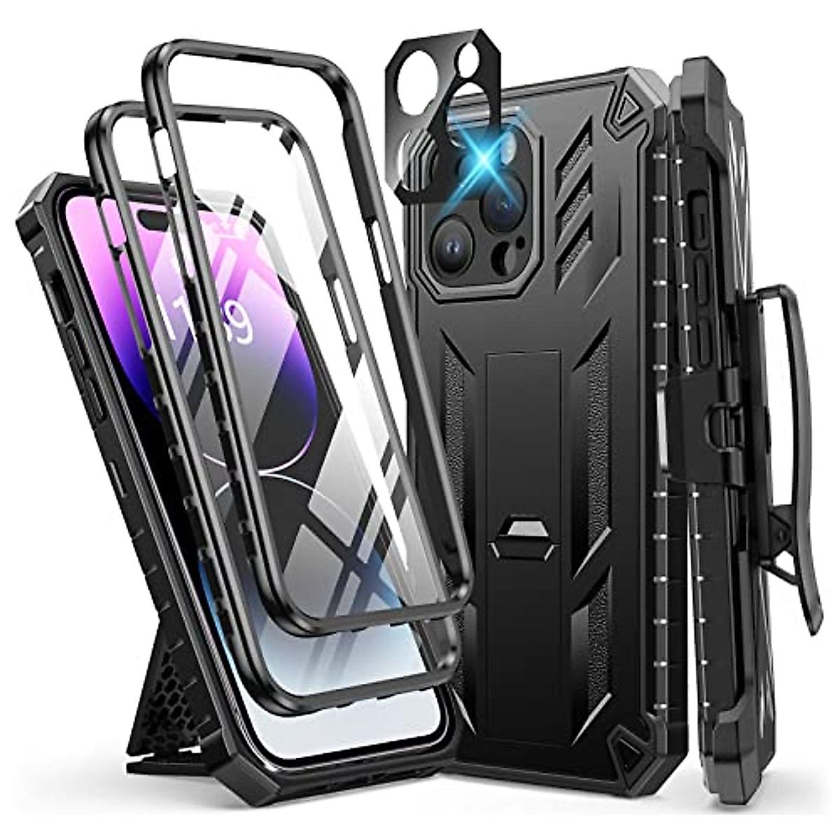 FNTCASE for iPhone 14 Pro Max Case: Military Grade Rugged Cell Phone Cover with Kickstand & Holster | Shockproof TPU Protection Bumper Matte Textured Design for iPhone 14 Pro Max Cases 6.7inch - Black