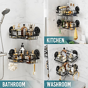 TAILI Corner Shower Caddy Suction Cups 2 Pack with Hooks Heavy Duty, Shower Shelf Basket Wall Mounted Organizer for Bathroom, Rustproof Stainless Steel Shower Rack, Drill-Free Removable