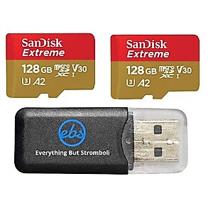 SanDisk Extreme MicroSD Card 128GB (2 Pack) Memory Card for DJI FPV Drone (SDSQXA1-128G-GN6MN) Class 10 4K Video Speed V30 UHS-I U3 A2 SDXC Bundle with (1) Everything But Stromboli Micro Card Reader