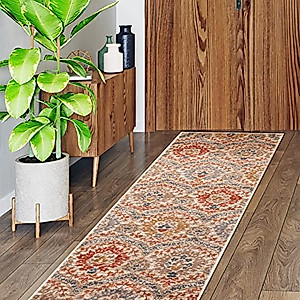 Superior Indoor Area Rug, Jute Backed, Modern Oriental Floral Damask Floor Decor for Office, Living Room, Bedroom, Entryway, Dining/Kitchen, Hardwood, Augusta Collection, 2' 7" x 10', Grey Orange