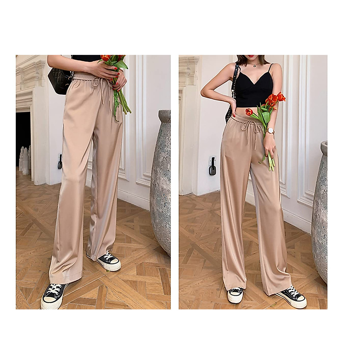 Snoly Women's Summer Ice Silk Pants High Waist Wide Leg Full Length Loose Casual Sweatpants (Beige, Small, s)