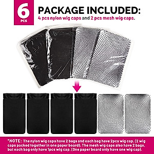 FANDAMEI 6PCS Wig Cap, 4PCS Black Nylon Wig Caps with 2PCS Black Mesh Wig Cap Net. Black Wig Caps for Women, Closed End Hair Mesh Net Wig Caps. Wig Caps for Halloween, Cosplay.