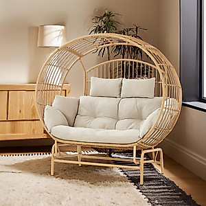 LUMIINOFAMI Outdoor Glider Egg Chair, Oversized 2 Person Egg Rocking Chair with Thick Cushions, Wicker Egg Chair Rattan Porch Furniture Loveseat Lounge Chair for Bedroom Sunroom Backyard(Yellow)