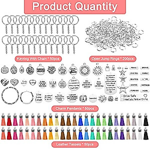 350Pcs Motivational Keychain Accessories Set with 50 Engraved Inspirational Words Charms, 50 Leather Keychain Tassels, 50 Keyring with Chain, 200 Open Jump Rings for Keychain Making, DIY Crafting