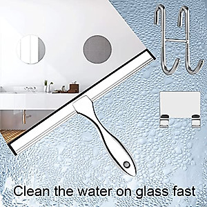 Squeegee for Shower Glass Door 12 Inch with Hooks, Shower Door Hook and Adhesive Hook, Stainless Steel Squeegee with Handle Rust Proof for Bathroom Glass Door, Mirror, Tile and Window Cleaning, Silver