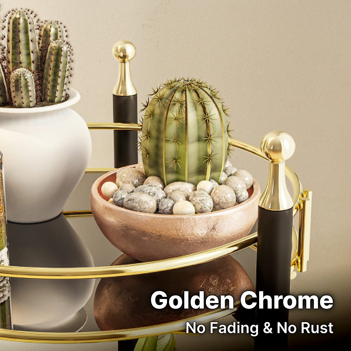 BENOLDY 2 Tier Plant Stand Table - Black Metal Frame with 2 Portable Golden Plate Tray, Plant Holder Stand, Serving Cart Tray and Wine Rack, Indoor/Outdoor Plant Shelf, Plant Pot Stand