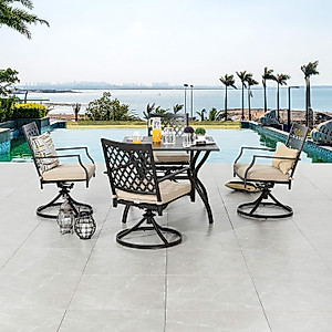 LOKATSE HOME 5 Piece Patio Dining Set Outdoor Furniture 4 Swivel Chairs with Cushion and 37" Square Umbrella Hole Table for Bistro Backyard Garden, Khaki