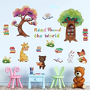 Colorful Inspirational Wall Decals,Reading Animals Wall Stickers Nursery Decor,Cartoon Tree Animal Wall Stickers Peel and Stick,Reading Wall Decal Baby Classroom Kids Room Bedroom Reading Corner Decor