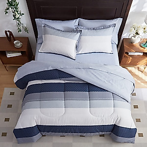 UOZZI BEDDING Cotton Striped Comforter Sheet Set Queen Size 7 Pieces Bed in a Bag with Navy White Blue-Gray Stripes Soft Bed Set (1 Comforter 2 Pillow Shams 1 Flat Sheet 1 Fitted Sheet 2 Pillowcases)