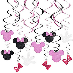 Kristin Paradise 30Ct Minnie Hanging Swirl Decorations - Ceiling Streamers for Mouse Birthday Party – Mini Mouse Theme Party Supplies – Party Favors for Kids - Glitter Pink, Black Decor
