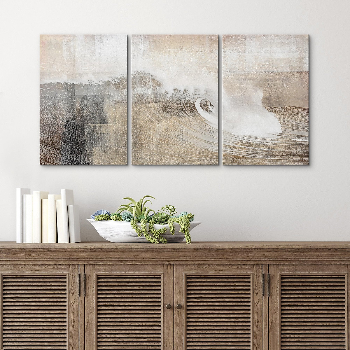 wall26 Canvas Print Wall Art Set Gray & Tan Color Block Ocean Wave Overlay Nature Wilderness Digital Art Modern Art Rustic Scenic Colorful for Living Room, Bedroom, Office - 16"x24"x3 Panels