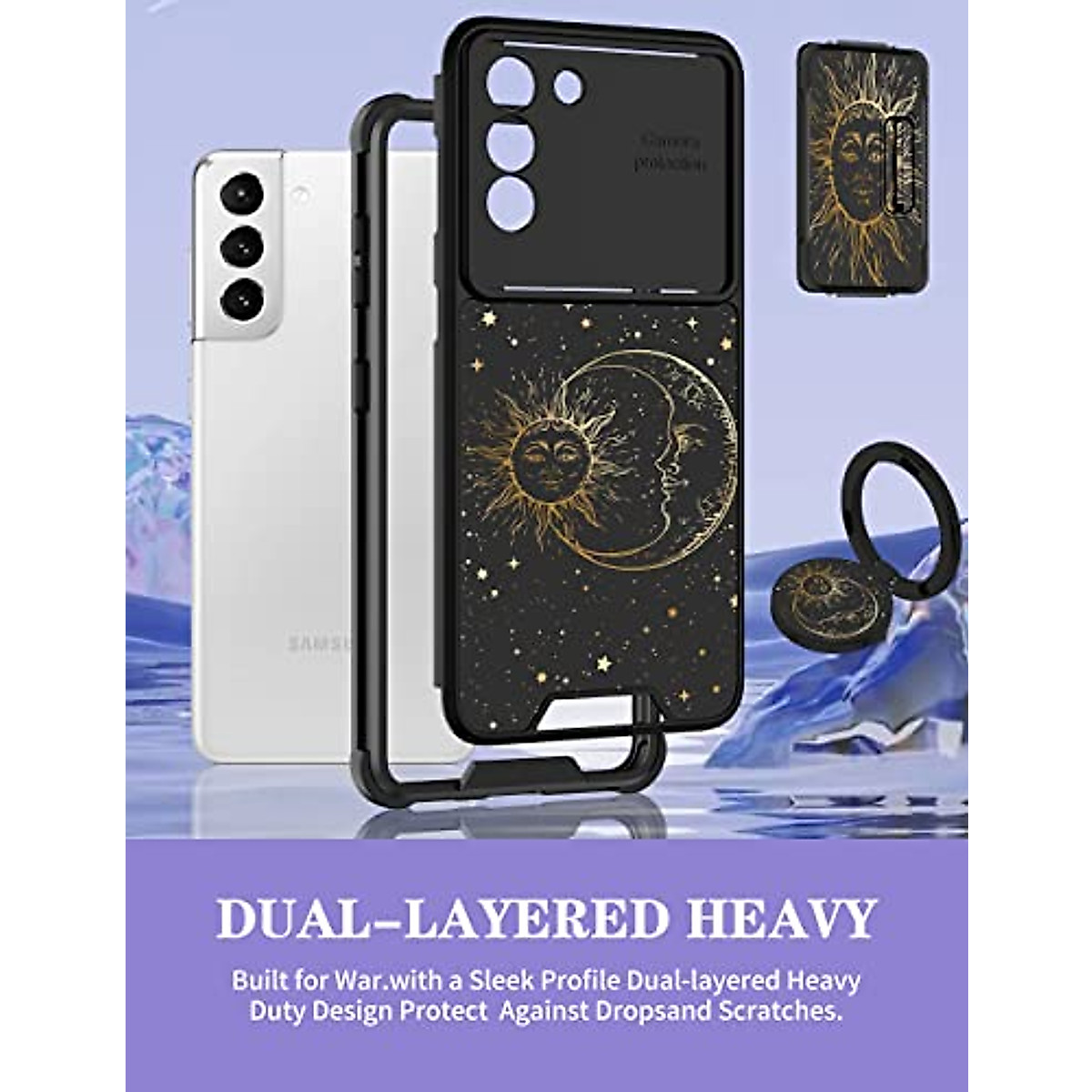 Goocrux (2in1 for Samsung Galaxy S21 Case Sun and Moon Stars for Women Girls Cute Space Phone Cover with Slide Camera Cover+Ring Holder Fashion Golden Print Design Cases for Galaxy S21 5G 6.2''