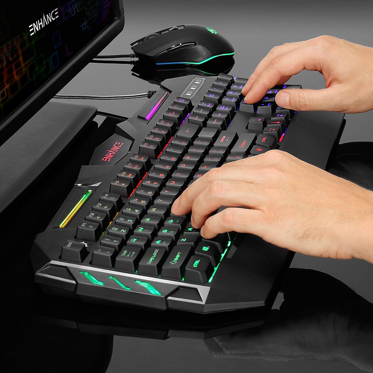 ENHANCE Infiltrate KL1 LED Gaming Keyboard - Multi Color Backlit Keyboard with 2 Lighting Modes, Spill Resistant Design, USB Braided Cable - 19 Key Rollover, Anti-Ghosting, & Multimedia Keys