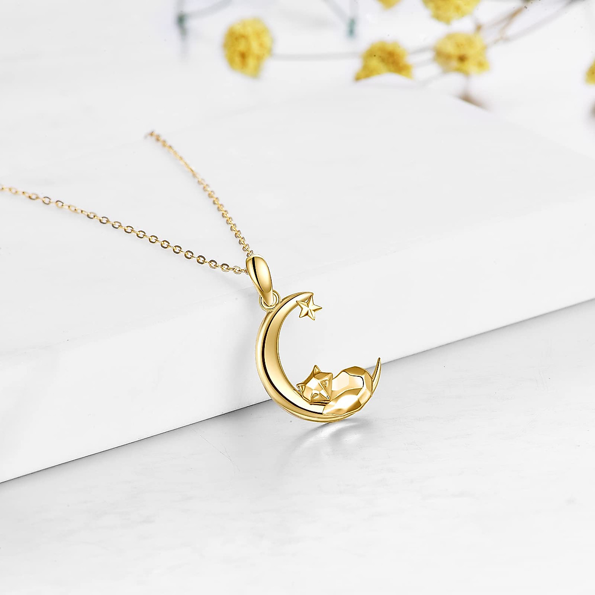 ELFRONT 14K Solid Gold Fox Necklace Pendant for Women,Simple Origami Style Moon Fox Necklace Birthday Gifts Jewelry for Women