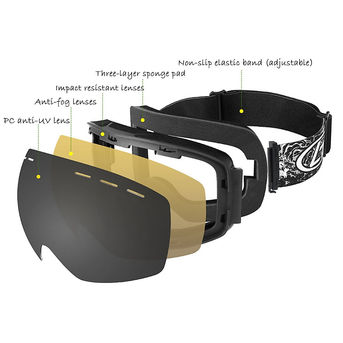 Jueshanzj Ski Goggles 100% UV Protection Snow Goggles for Men, Women Black frame + black film + black red belt