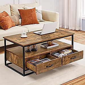Yaheetech Farmhouse Coffee Table with Open Storage Shelves and 2 Drawers, 43.5" Length Center Table Cocktail Table with Metal Frame for Living Room, Rustic Brown