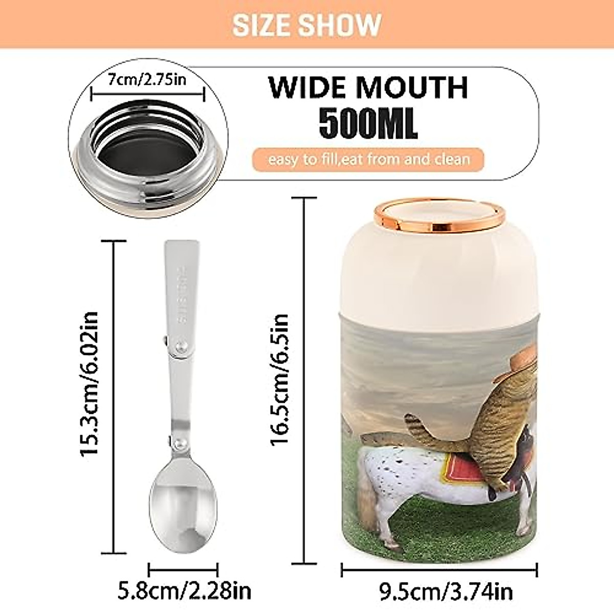 CUPADA Funny Cat Shepherd Food Jar, 3d White Horse Insulated Hot Food Jars Vacuum 17OZ with Folding Spoon for Work Trip Picnic Camping