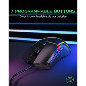 Black Shark Gaming Mouse Wired, USB Computer Ergonomic Mouse with 7 Adjustable DPI Up to 10,000, 7 Programmable Buttons, 5 Modes RGB Backlight, Optical Gamer Mice for Windows PC Laptop Mac