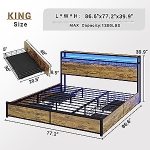 ADORNEVE King Size Bed Frame with Drawers, LED Bed Frame with 2 Tier Storage Headboard and LED Lights, Metal King Platform Bed with Charging Station, Double-Row Support Bars, Noise-Free, Vintage Brown