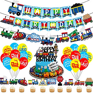 Train Party Decorations Train Birthday Party Supplies Railroad Happy Birthday Party Banners Cake Topper Steam Train Cupcake Toppers Railway Vehicle Ballons for Train Theme Baby Shower Supplies