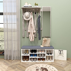 39.4" Coat Rack Wall Mount with Mirror, Wall Shelf with 5 Hooks and Storage for Hallway Entryway Modern (Grey)