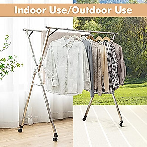 Tangkula Clothes Drying Rack with Wheels, Freestanding Stainless Steel Garment Rack for Laundry, Adjustable and Foldable, No Assembly Need, Space Saving Laundry Drying Rack for Indoor Outdoor