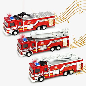 CORPER TOYS Toy Fire Truck, 3 Pack Firetruck Toys Set with Extending Rescue Rotating Ladder Water Gun Lights and Siren Sounds, Pull Back Alloy Car Toys for Toddlers Boys Girls Kids Gift