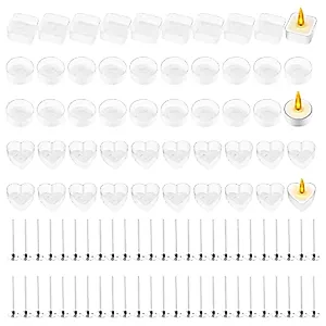 50pcs Tea Light Candle Cup,Plastic Clear Candle Cup Holders,Heart Square Round Shapes Tealight Cups,50pc Candle Wicks for DIY Candle Making