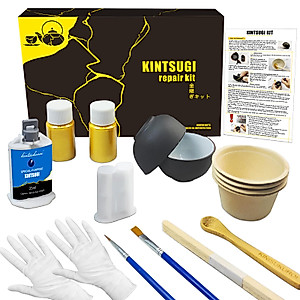 Kintsugi Repair Kit, Repair Your Meaningful Pottery with Gold Powder Glue - Comes with Two Practice Ceramic Cups for Starter
