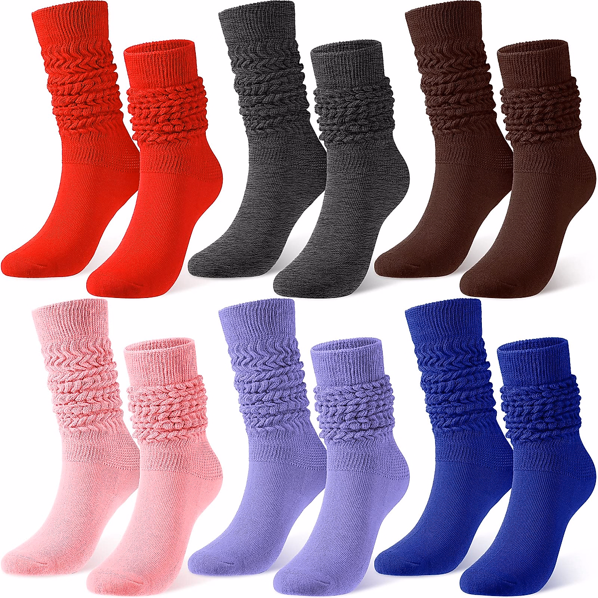 JaGely 6 Pairs Long Slouch Socks for Women Soft Thick Stacked Socks Scrunchie Socks Size 9 to 11, 6 Neon Colors Socks Bulk(Light Pink, Blue, Red, Light Purple, Brown, Dark Gray)