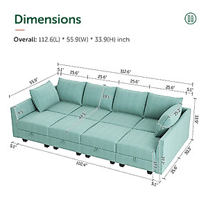 HONBAY Convertible Sleeper Sectional Sofa Modular Couch with Storage Seat Reversible Sectional Sleeper Couch with Modular Sectional Couch in Aqua Blue
