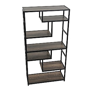 Household Essentials Jamestown Tall 6 Shelf Open Storage Bookshelf Ashwood Rustic Wood Grain and Black Metal