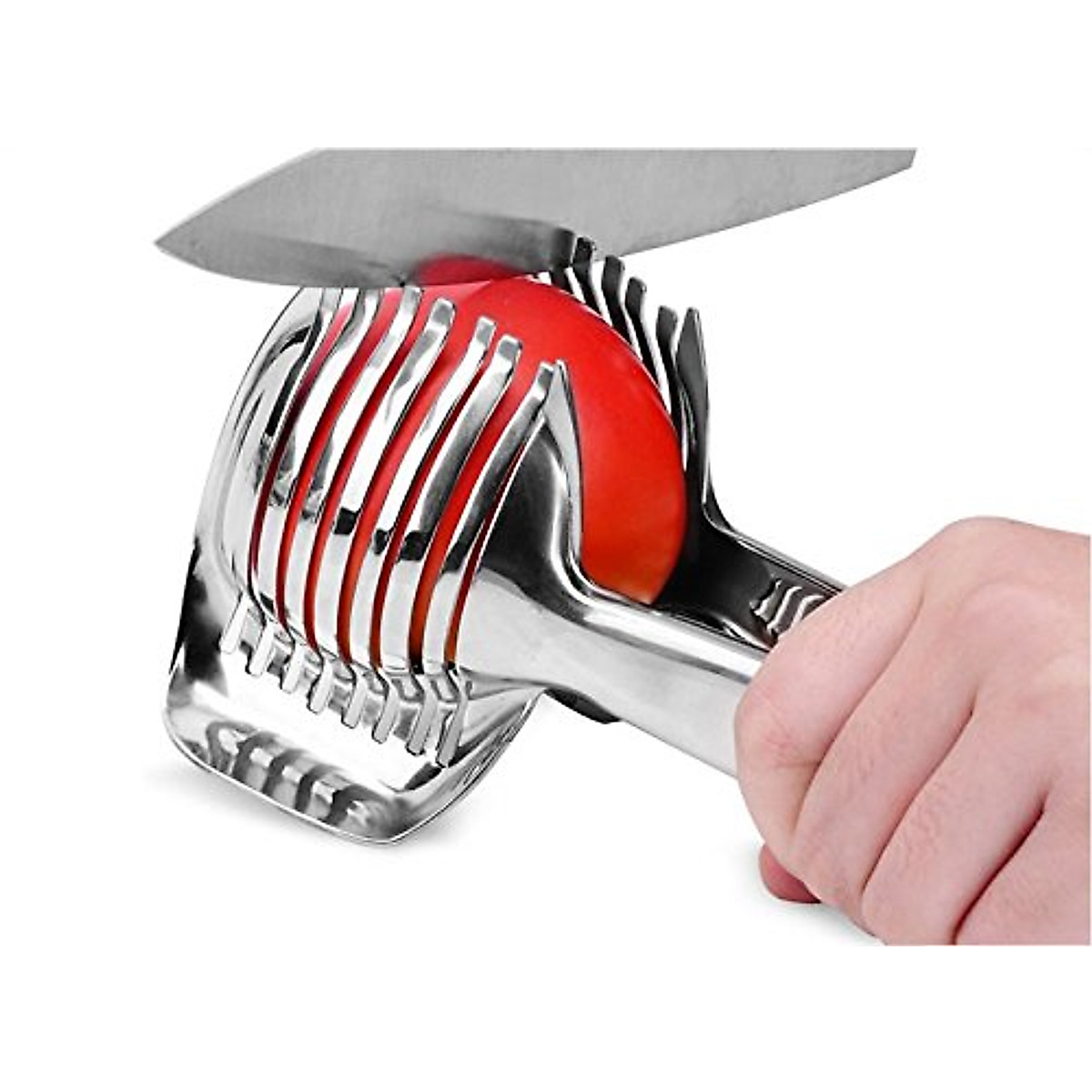 i Kito Tomato Lemon Slicer Holder Round Fruits Onion Shreader Cutter Guide Tongs with Handle Kitchen Cutting Potato Lime Food Stand Stainless Steel