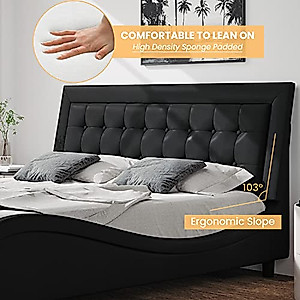 SHA CERLIN King Size Box-Tufted Platform Bed Frame/Faux Leather Upholstered Bed Frame with Adjustable Headboard/Wood Slat Support/Wave-Like Modern Bed/Low Profile/Black