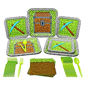 Mining Fun Ultimate Party Supplies Pack (123 Pieces for 16 Guests) - Gamer Party Supplies, Gamer Birthday Decorations, Mining Craft Party, Pixel Miner Party, Gamer Birthday Party, Blue Orchards