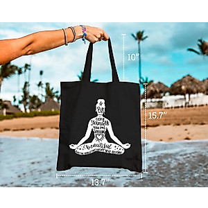 GXVUIS Yoga Canvas Tote Bag for Women Namaste Meditation Reusable Grocery Shoulder Shopping Bags Motivational Girl Power Black