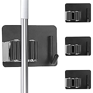 PMIIO 4 Pack Broom Holder Wall Mount, No punching, Upgraded Stainless Steel Broom Holder, Self Adhesive Broom Hanger Gripper for Bathroom, Kitchen, Garage Laundry Room Storage - Black