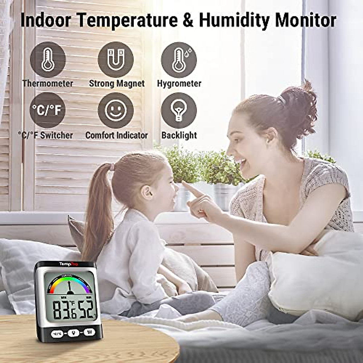 TempPro A52 Hygrometer Indoor Thermometer for Home with Comfort Level Indication Humidity Meter, Large Backlit Display Humidity Sensor with Max/Min Record for Greenhouse Basement Black