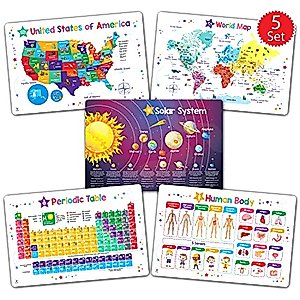 Simply Magic Discovery Set of 5 Educational Placemats for Kids - Kids Placemats Non Slip for Dining Table, Wipeable Reusable Plastic Placemats for Kids: USA, World Map, Periodic Table, Solar System