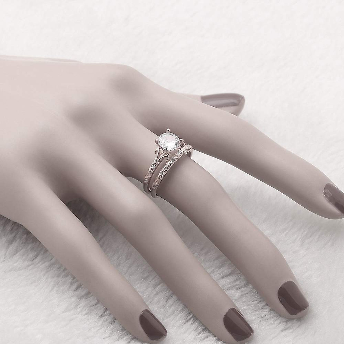 Lannelle Bridal Wedding Ring Set for Women Sterling Silver Unique Vine Setting Solitaire 1.25 Carat Cubic Zirconia Engagement and Band Black Tie Series by Ginger Lyne